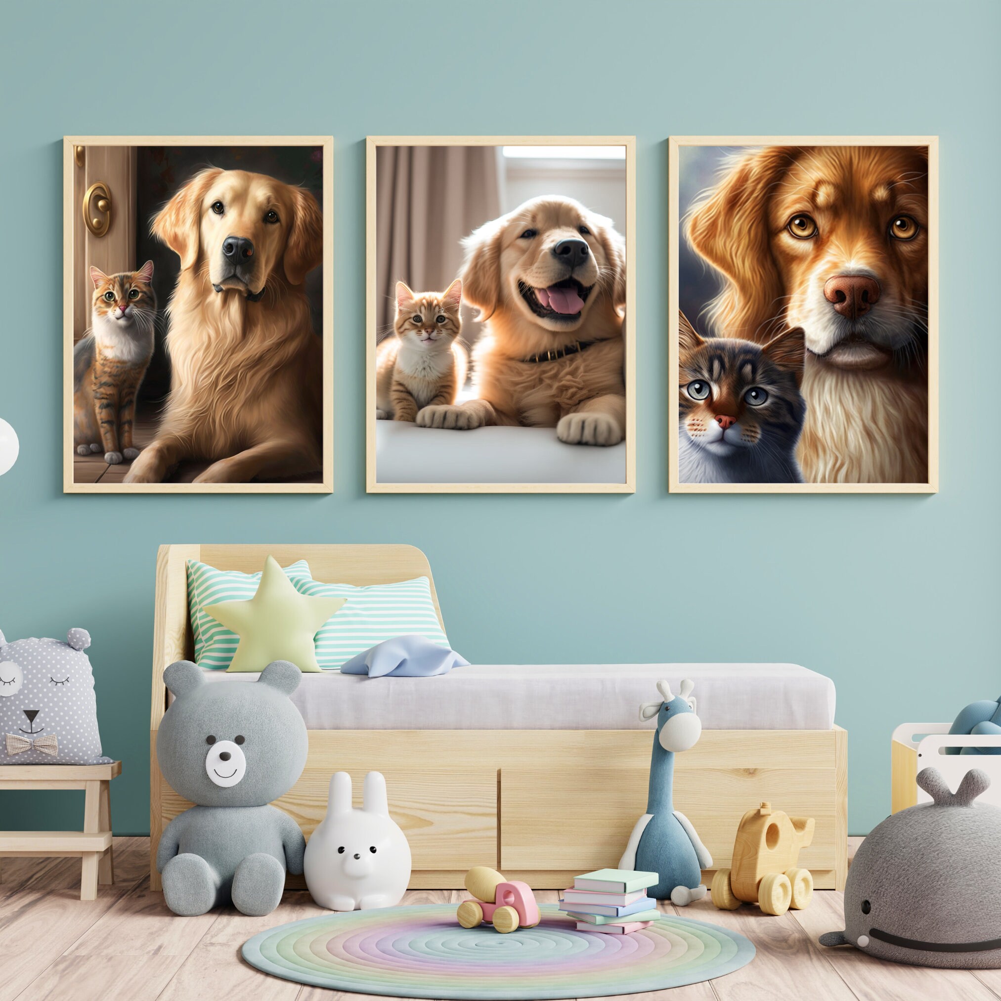 Cozy Companions: Cat & Dog on Couch Digital Print - Relaxing Art for ...