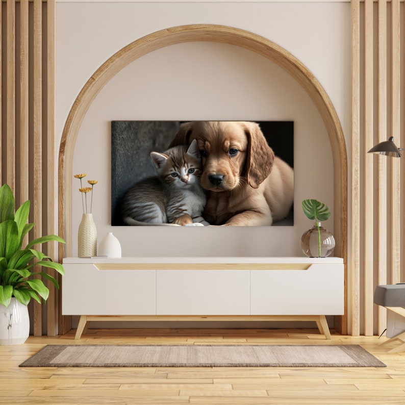 Harmonious Pals: Charming Digital Print of Cat & Dog Sitting Peacefully ...