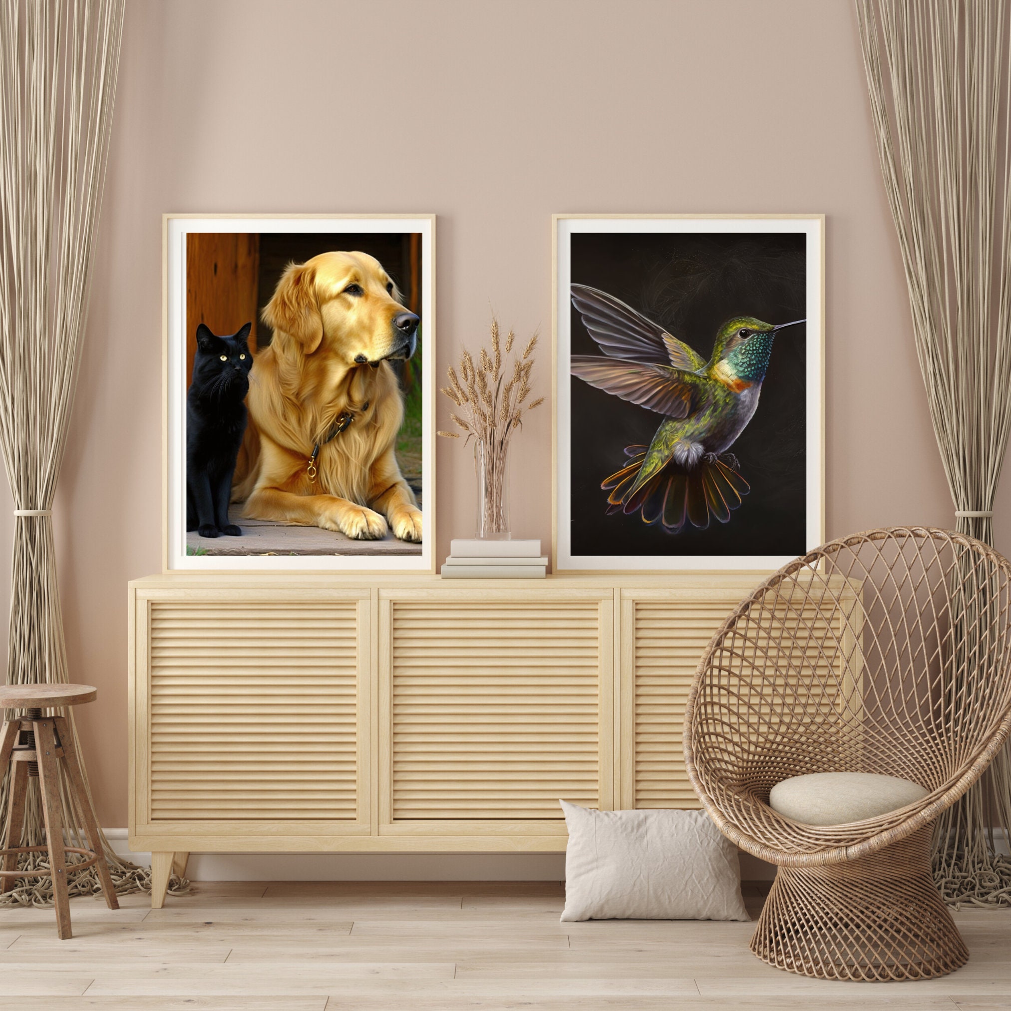 Furry Duo: Black Cat and Golden Retriever Digital Print | Cat Dog Wall ...