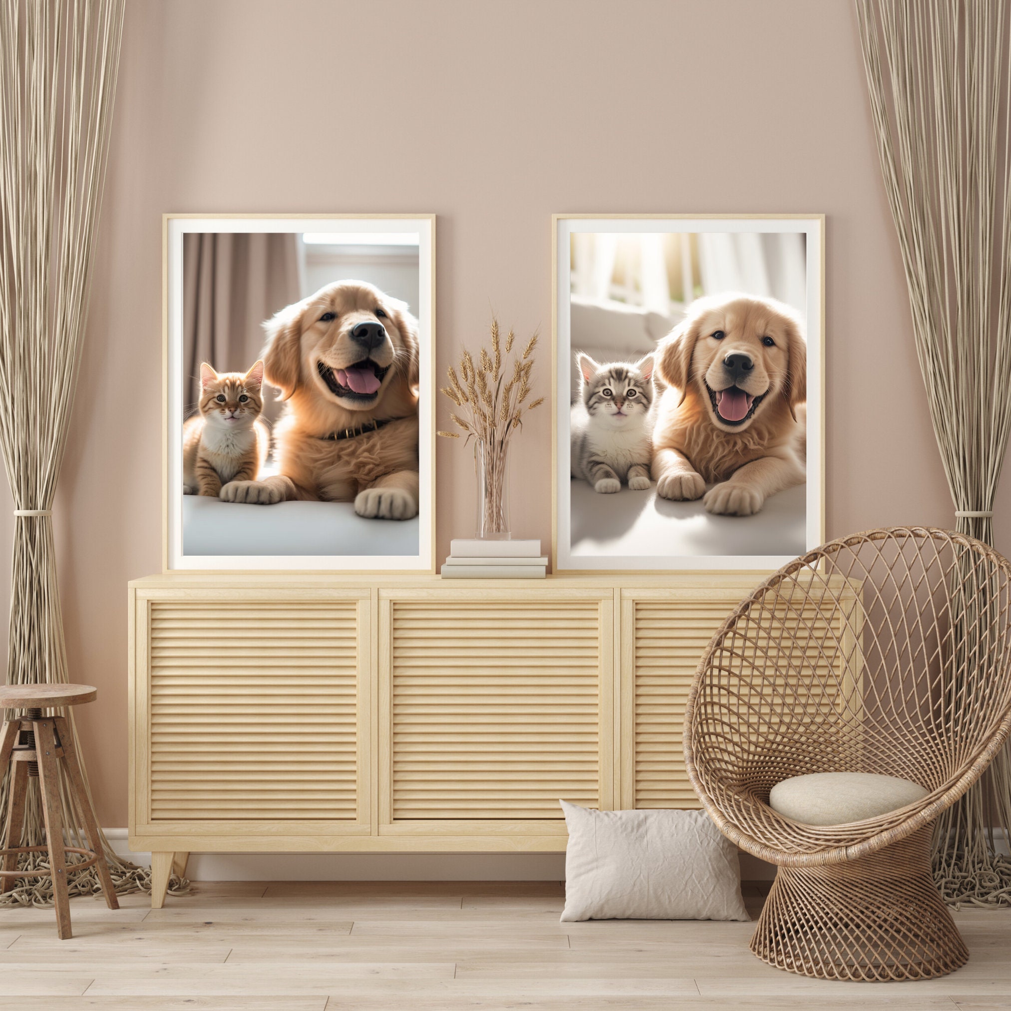 Cozy Companions: Cat & Dog on Couch Digital Print - Relaxing Art for ...