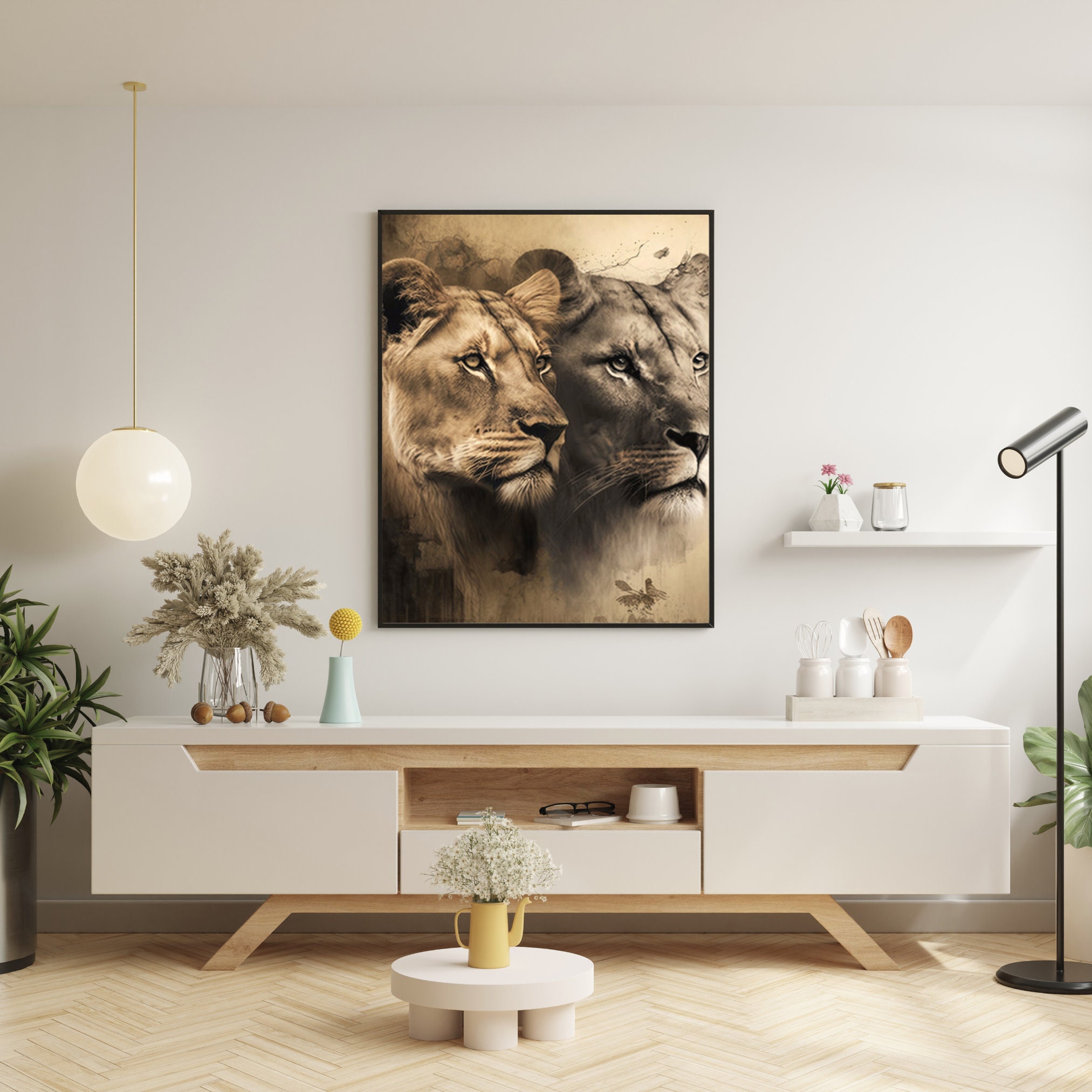 Tsavo's Timeless Duo: Vintage Digital Print of Mane Less Lion & Lioness ...