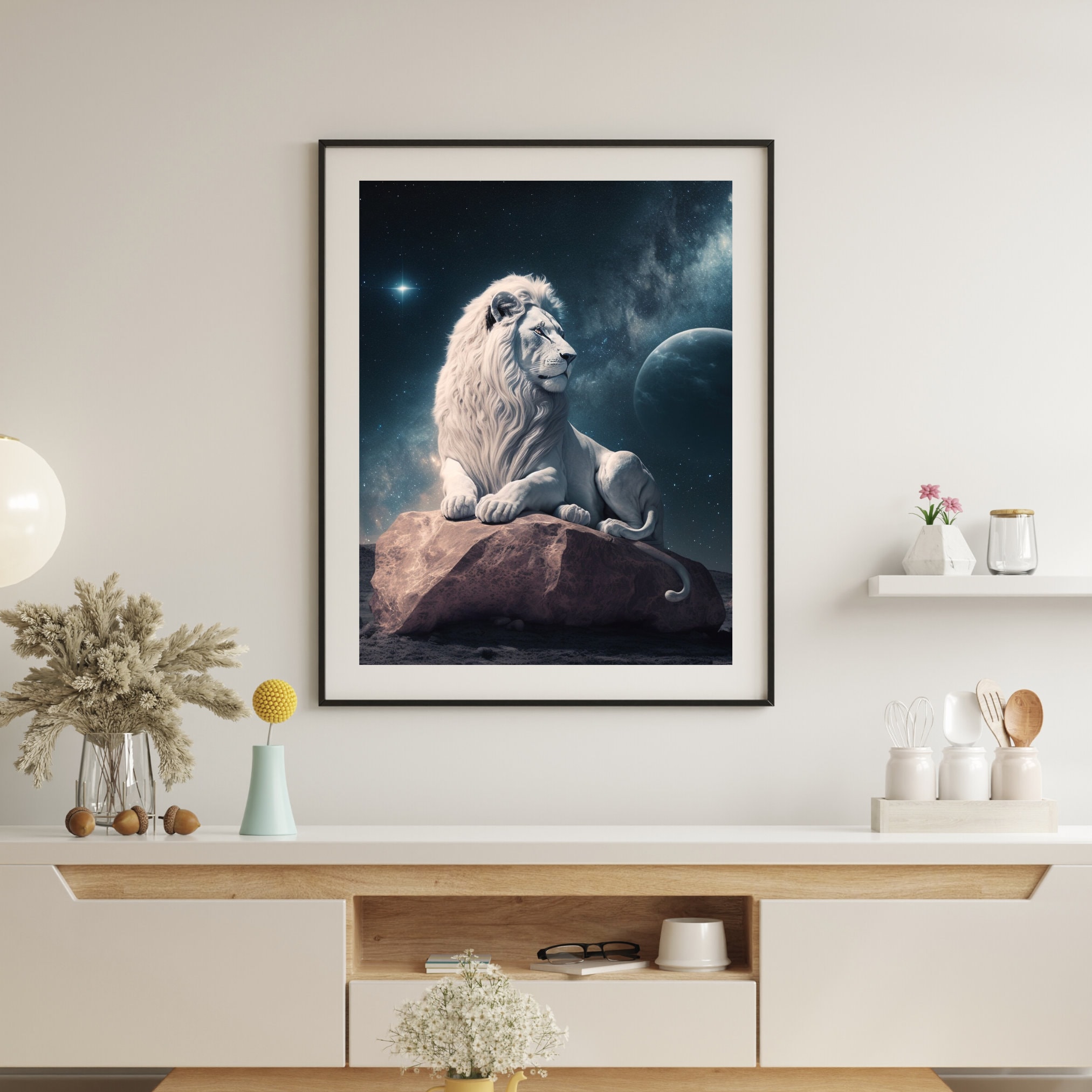 Lion Under Moon Digital Print, Wildlife Wall Art, Lunar Inspired Home ...