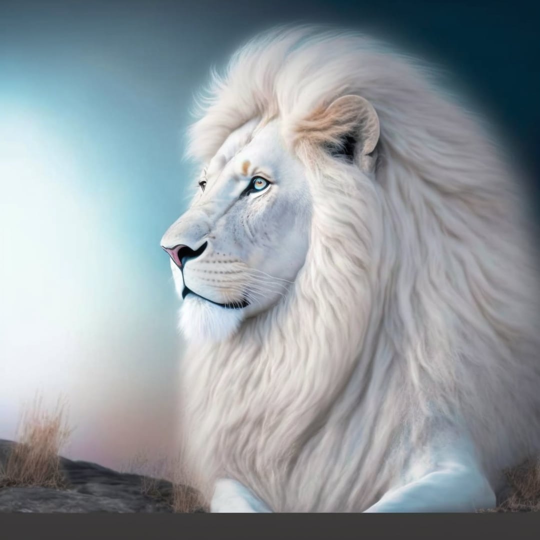 Regal Elegance: Majestic White Lion With Big Mane Digital Print ...
