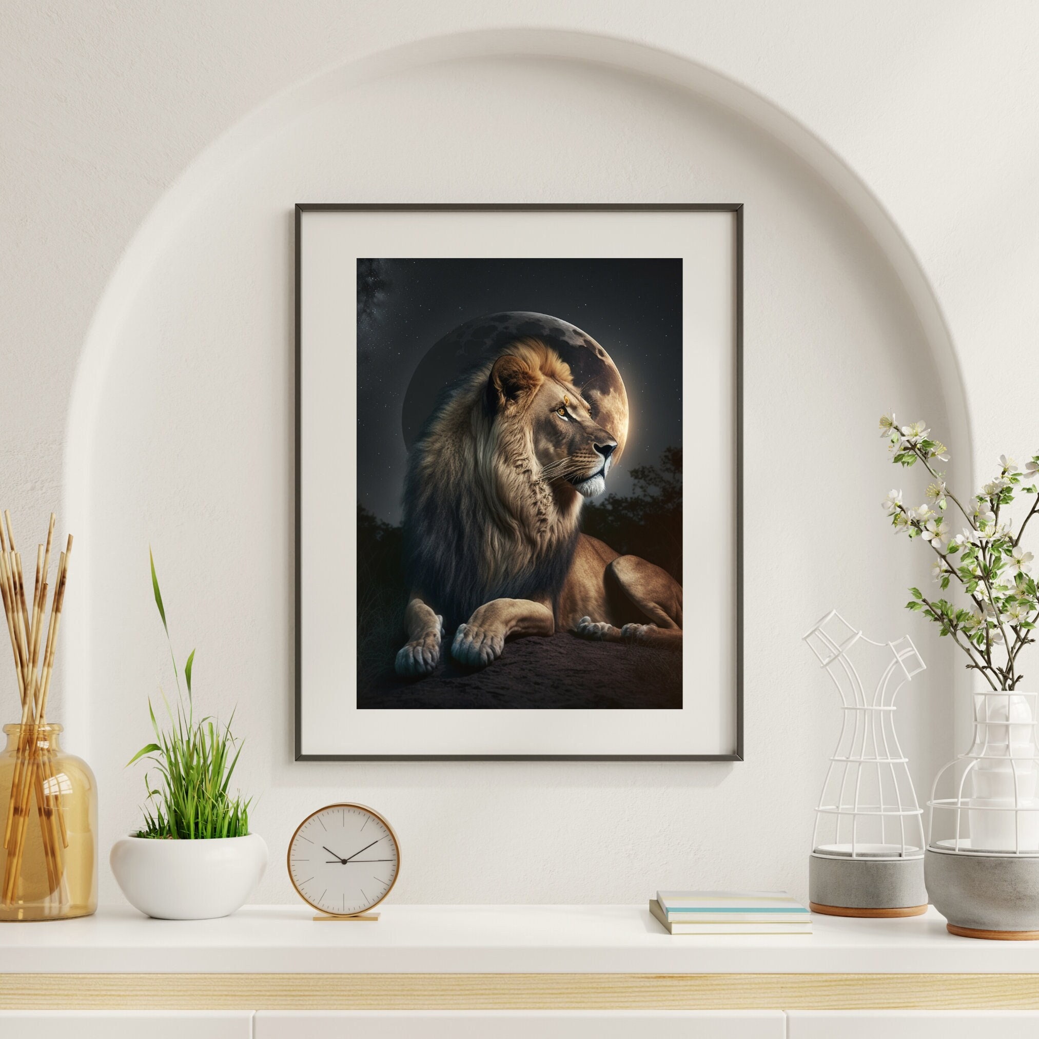 Lion Under Moon Digital Print, Wildlife Wall Art, Lunar Inspired Home ...