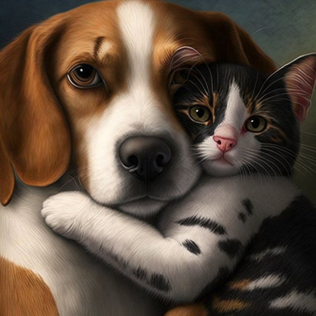 Furry Hug: Heartwarming Digital Print of Cat Embracing Dog for a Tender ...