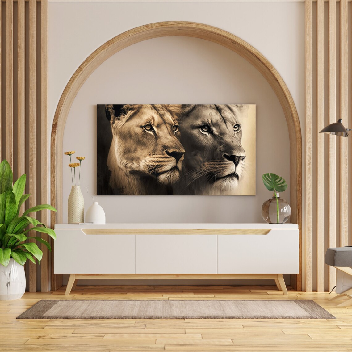 Tsavo's Timeless Duo: Vintage Digital Print of Mane Less Lion & Lioness ...