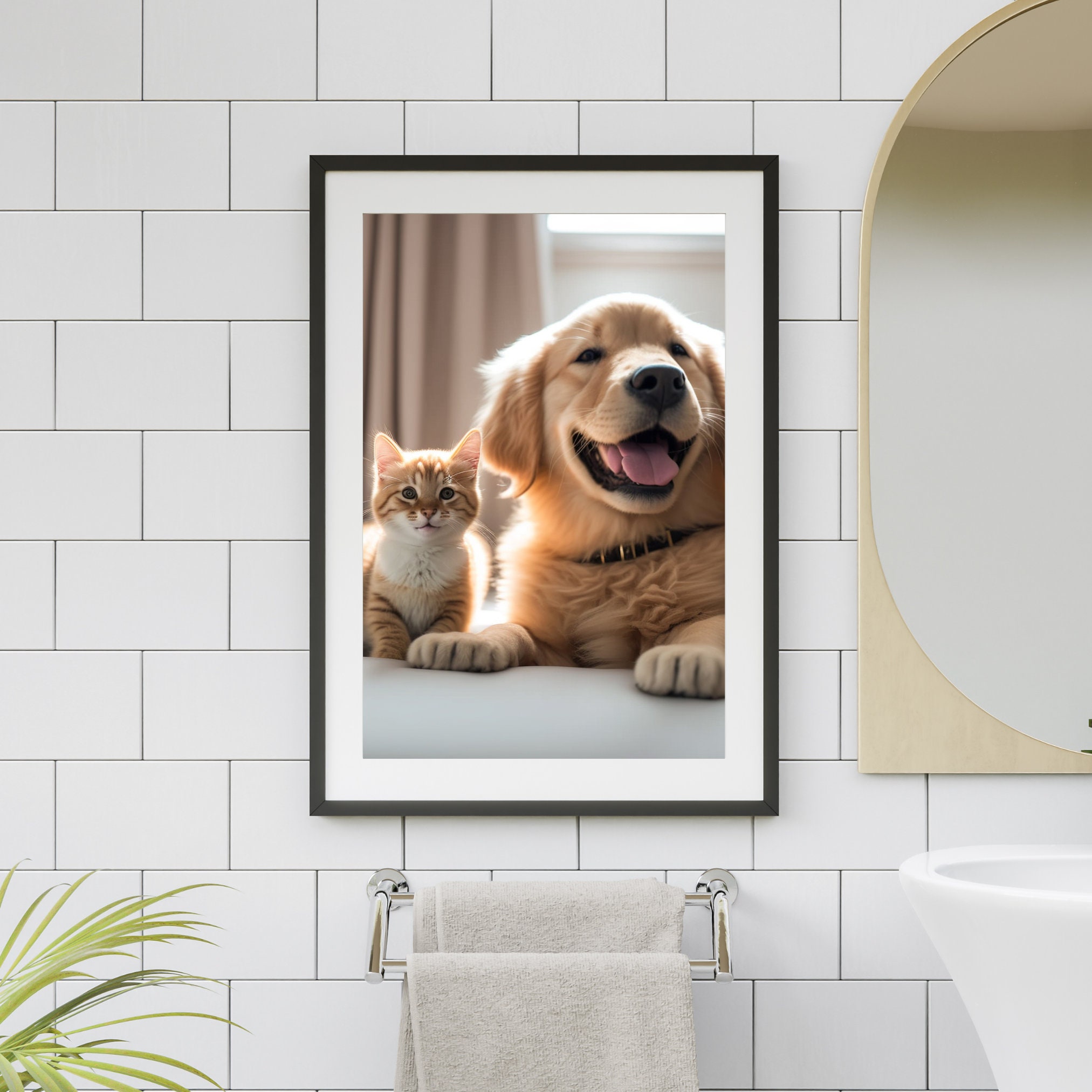 Cozy Companions: Cat & Dog on Couch Digital Print - Relaxing Art for ...