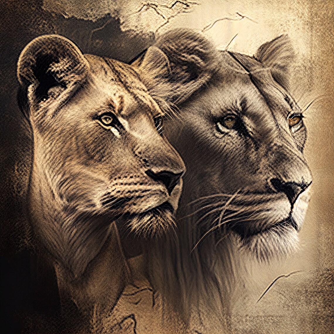 Tsavo's Timeless Duo: Vintage Digital Print of Mane Less Lion & Lioness ...