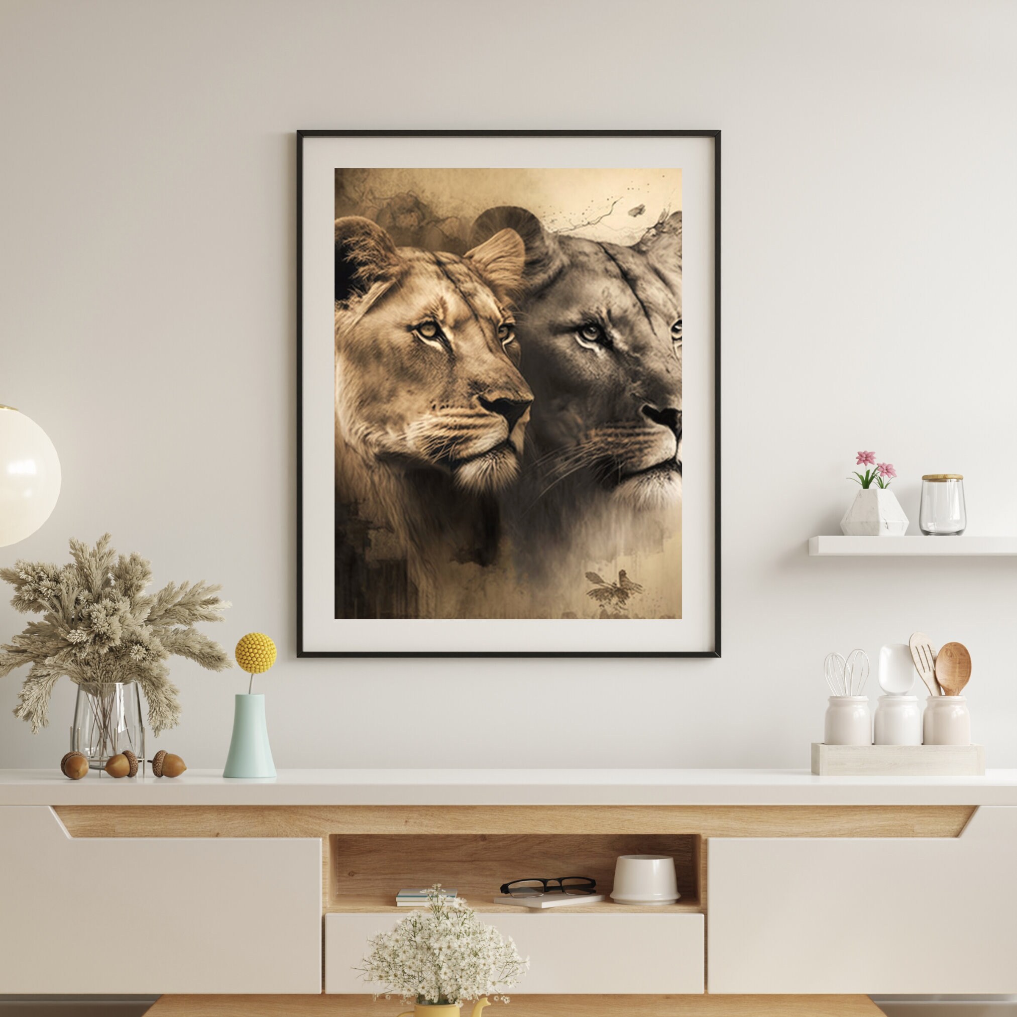 Tsavo's Timeless Duo: Vintage Digital Print of Mane Less Lion & Lioness ...