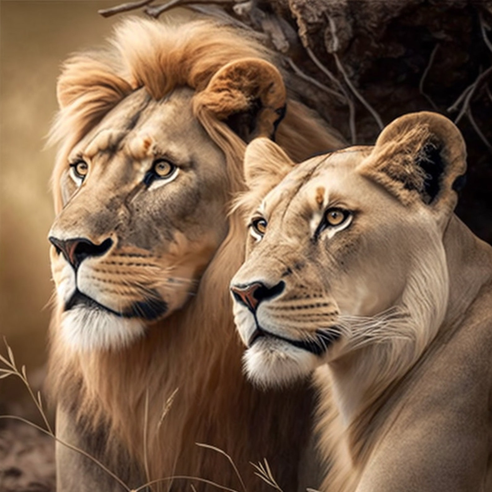 Royal Gaze: Inspiring Digital Print of Lion & Lioness Portrait ...