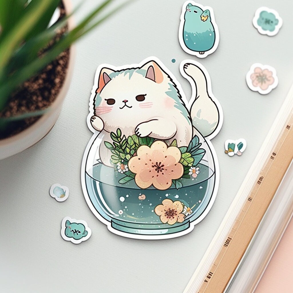 Kawaii Cat Sticker Watercolor Cat Sticker Whimsical Cat Sticker Cat ...