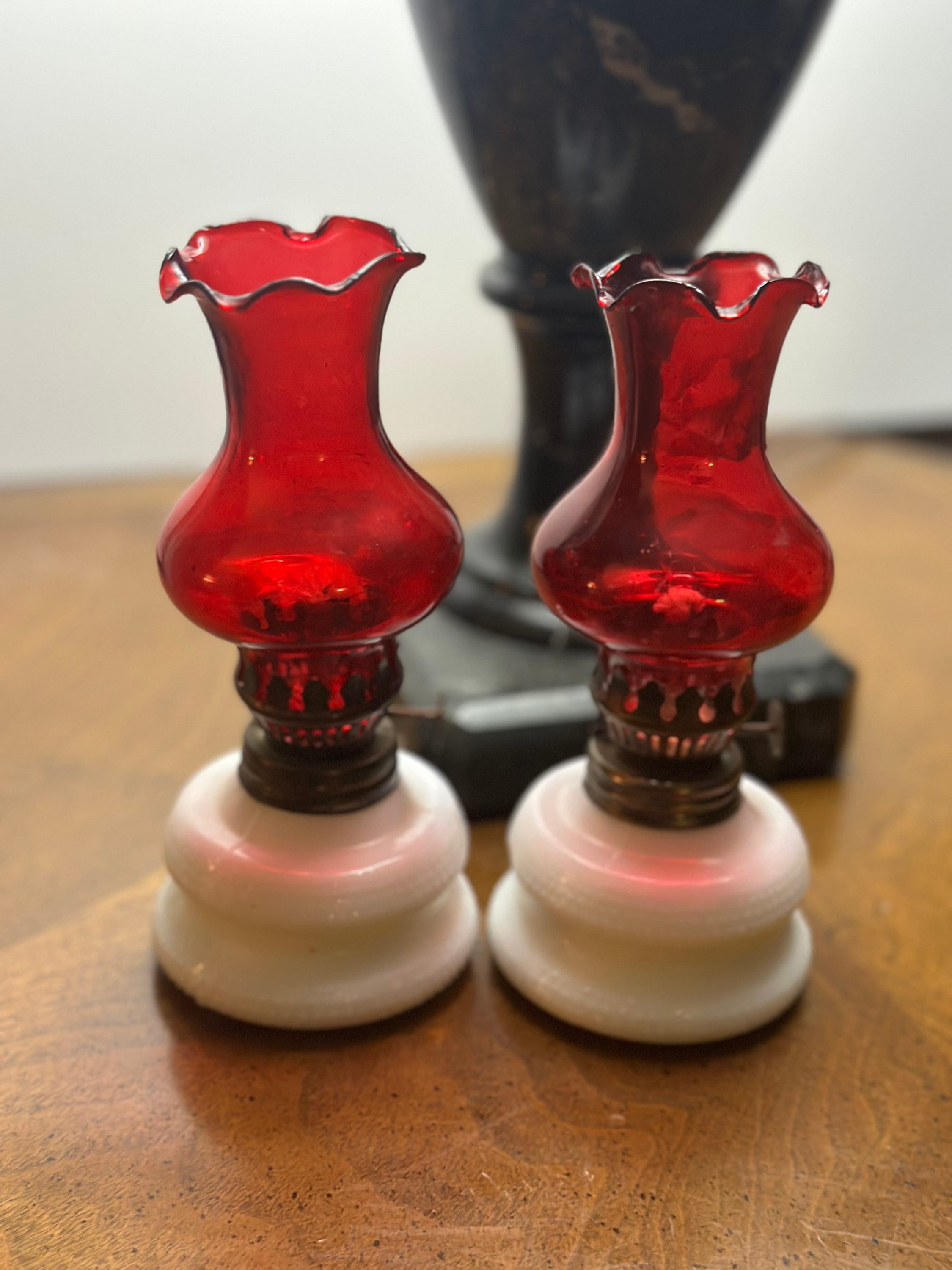 Vintage Made in Hong Kong Miniature Oil Lamps W/ Milk Glass Base & Red ...