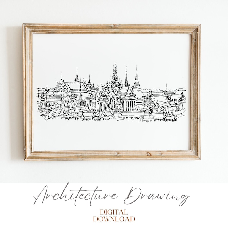 Temple of Bangkok Thailand ,vintage Sketch, Architecture Print, Line ...