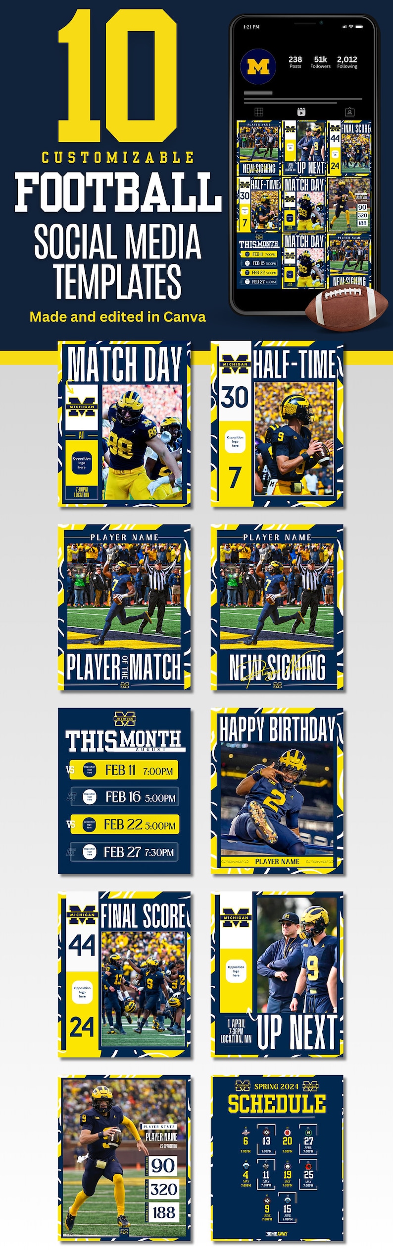 Football Sports Social Media Templates Canva Sports Football Team ...