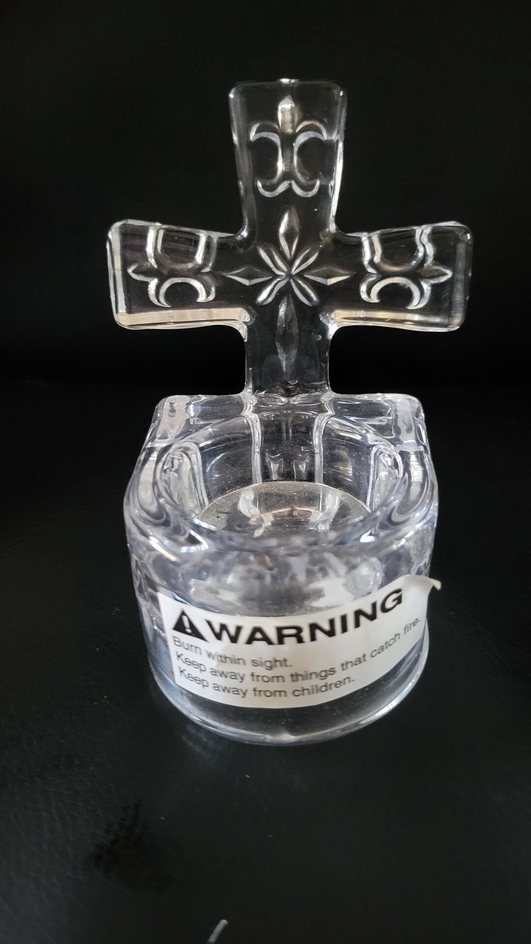 Glass Crystal Cross Holy Water Font or Votive Candle Holder With Fleur ...