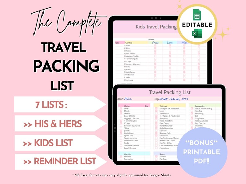 EDITABLE Travel Packing List Template in Google Sheets /excel ...