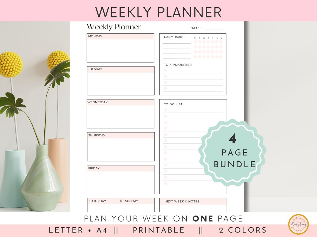 Weekly Planner Printable, Digital Weekly Schedule, Daily Checklist to ...