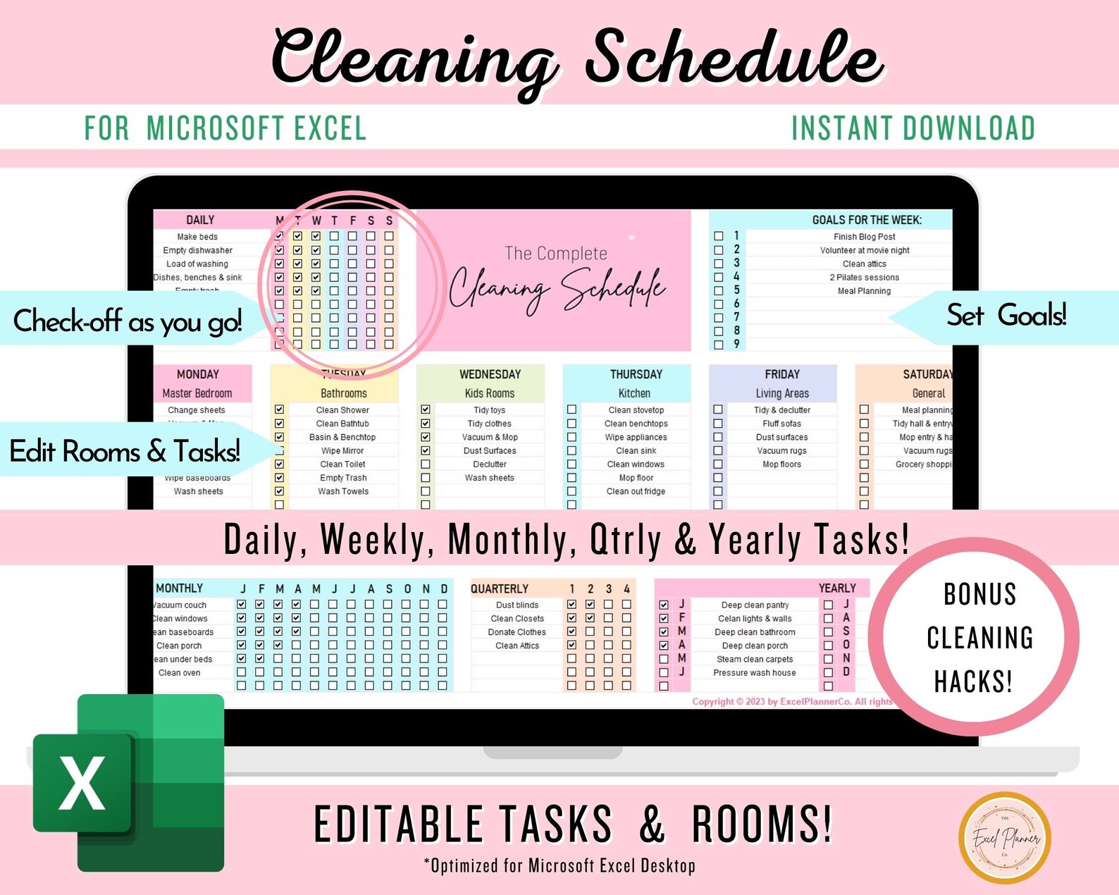 EXCEL Cleaning Schedule Planner, Digital Editable Weekly Cleaning ...