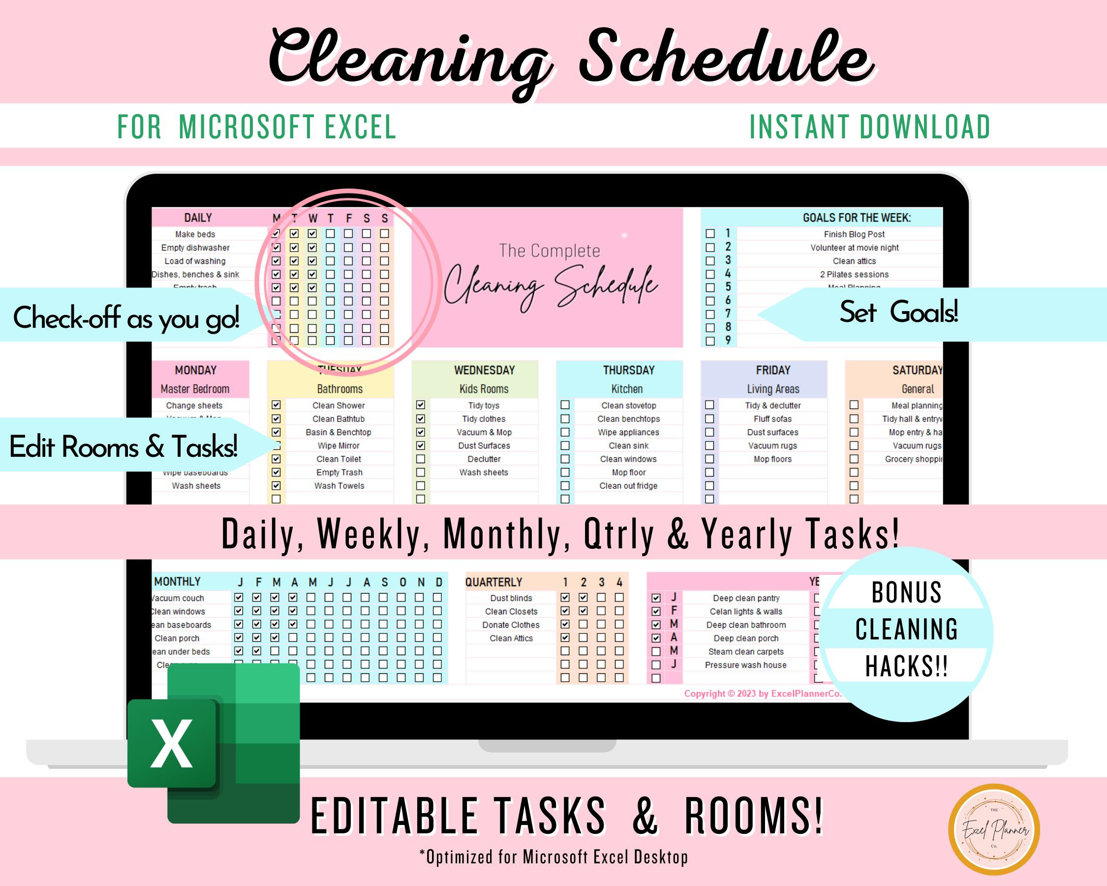 EXCEL Cleaning Schedule Planner, Digital Editable Weekly Cleaning ...