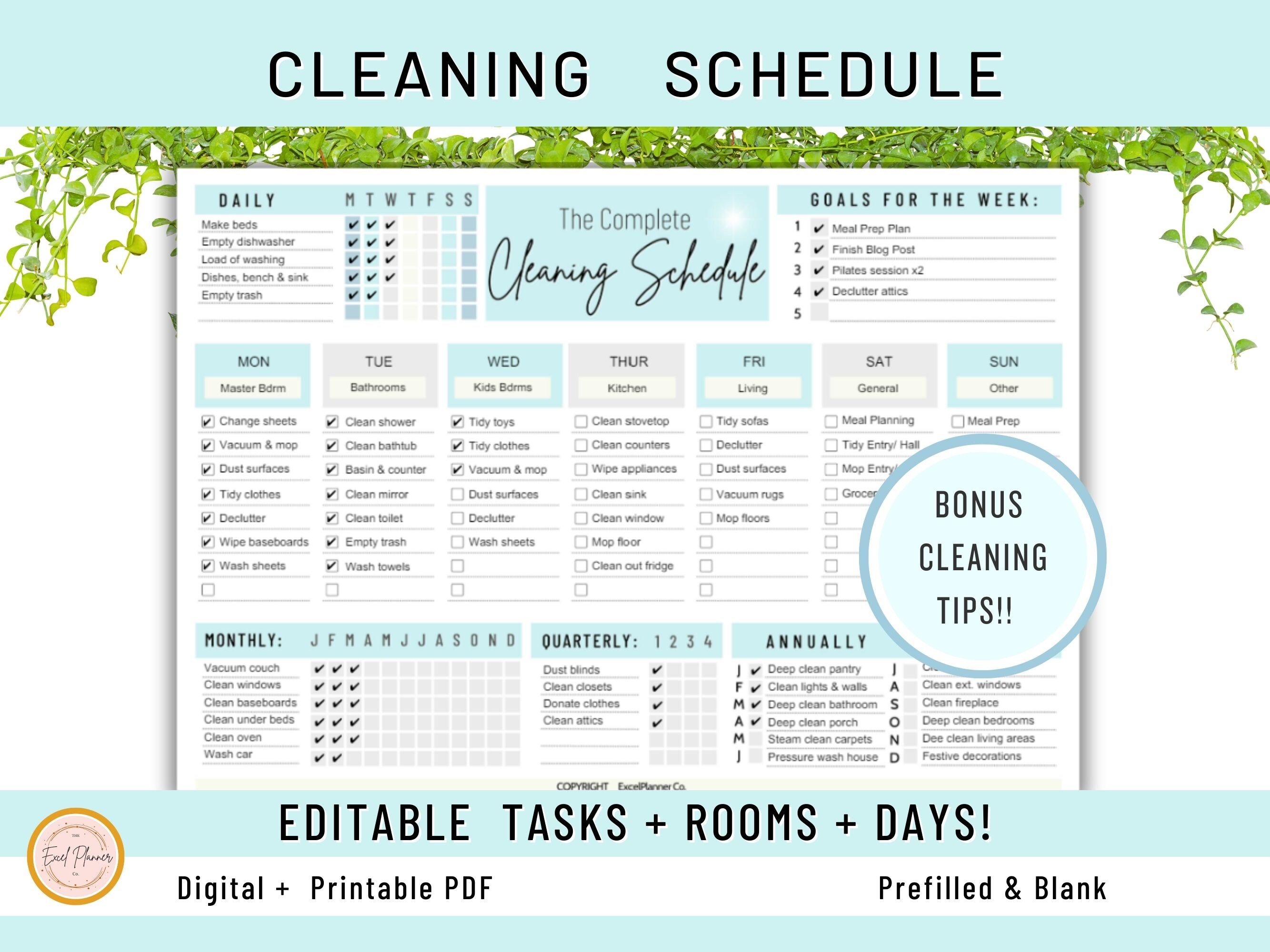EDITABLE Cleaning Schedule Planner, Digital Weekly Cleaning Checklist ...