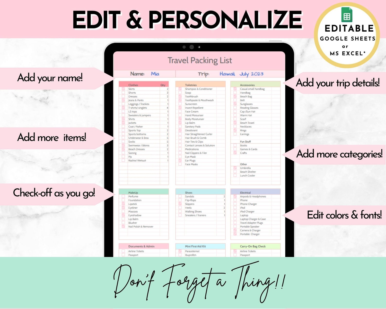 EDITABLE Travel Packing List Template in Google Sheets /excel - Etsy ...