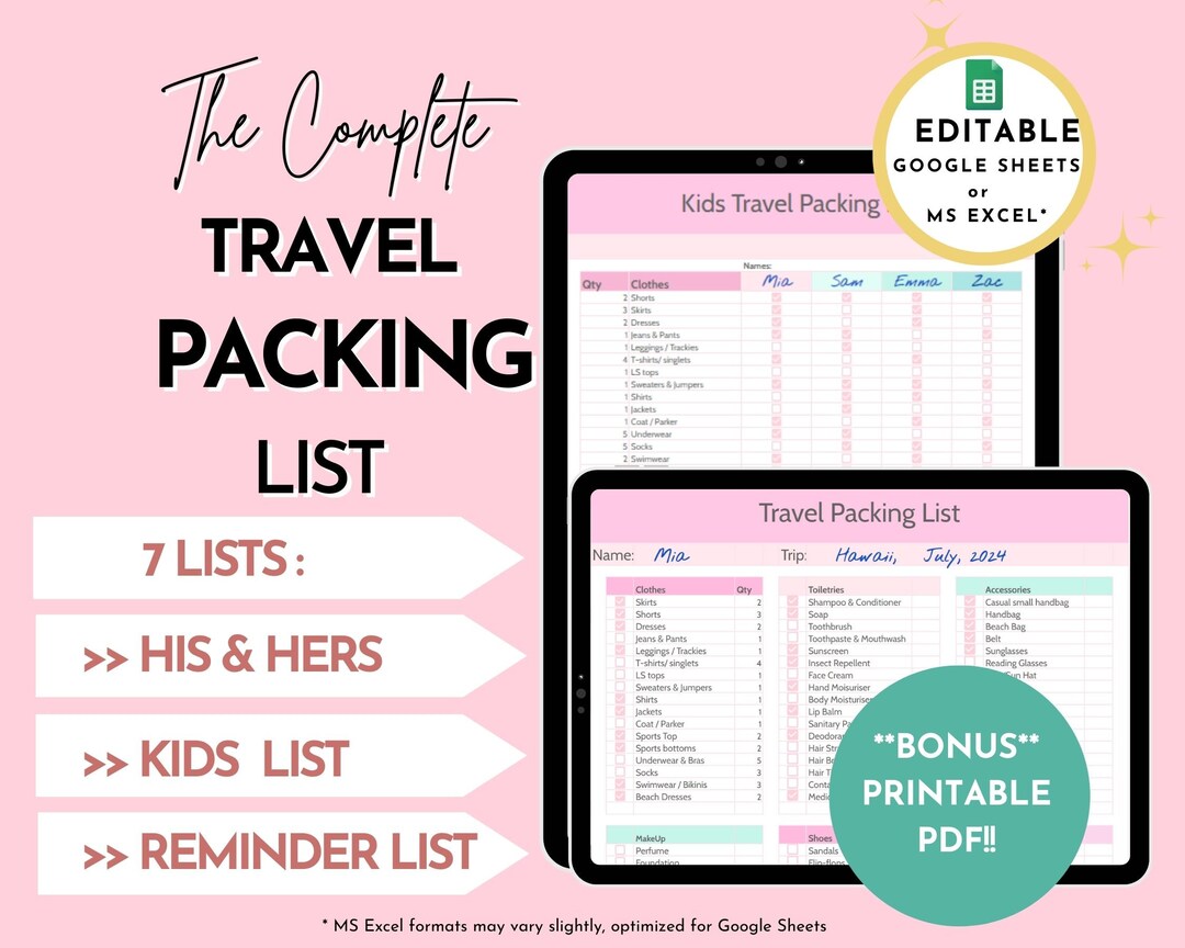 EDITABLE Travel Packing List Template in Google Sheets /Excel ...