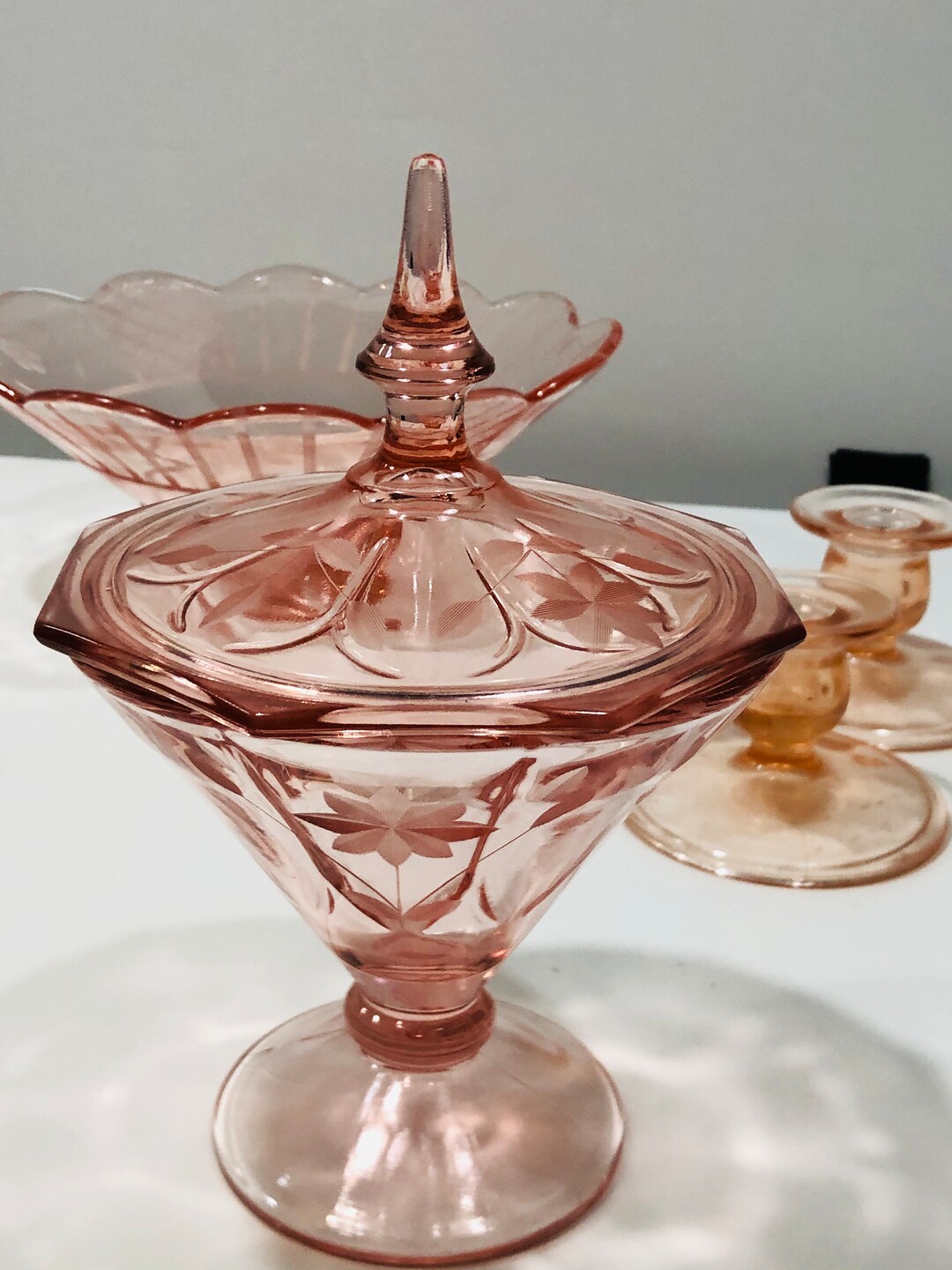 Vintage 1930s Pink Etched Depression Glass Compote /covered Candy Dish ...