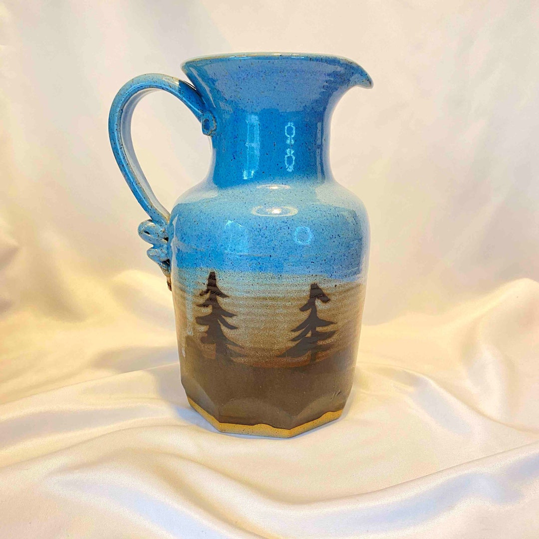 Vintage Stoneware Pitcher Trees and Blue Glaze Great Handle 9" Signed ...