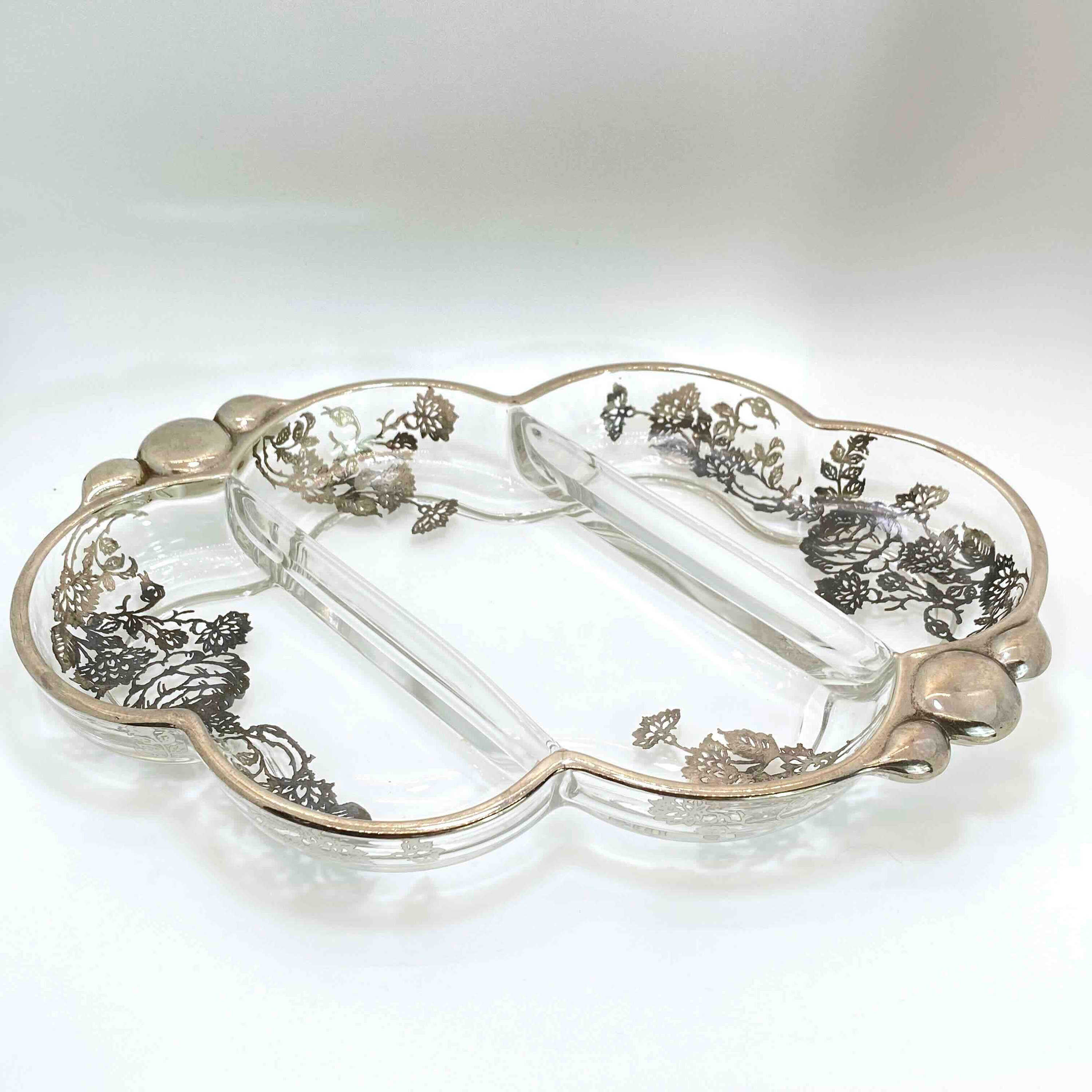 Vintage Silver Overlay Three Part Glass Dish With Florals and Handles ...