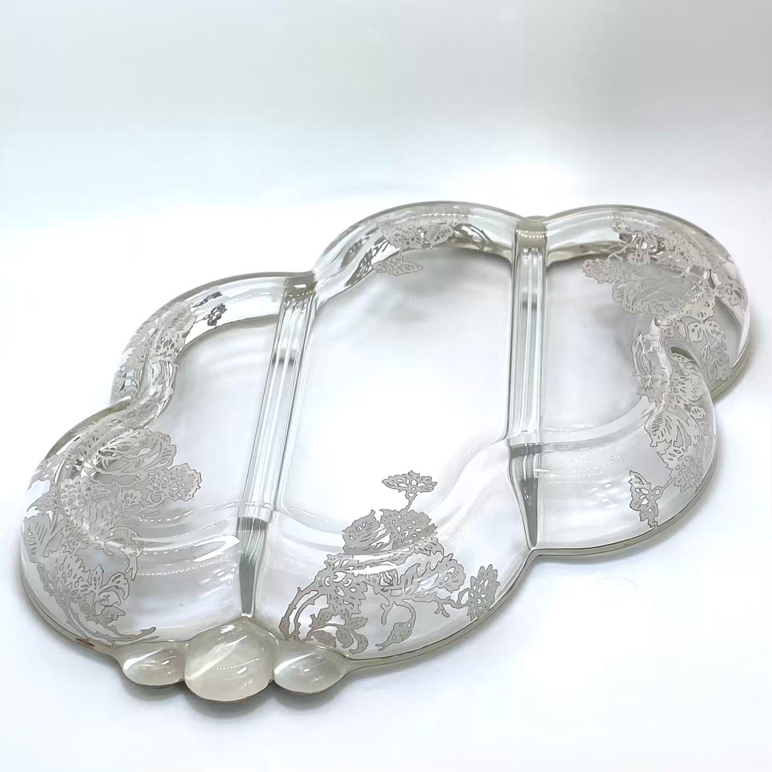 Vintage Silver Overlay Three Part Glass Dish With Florals and Handles ...