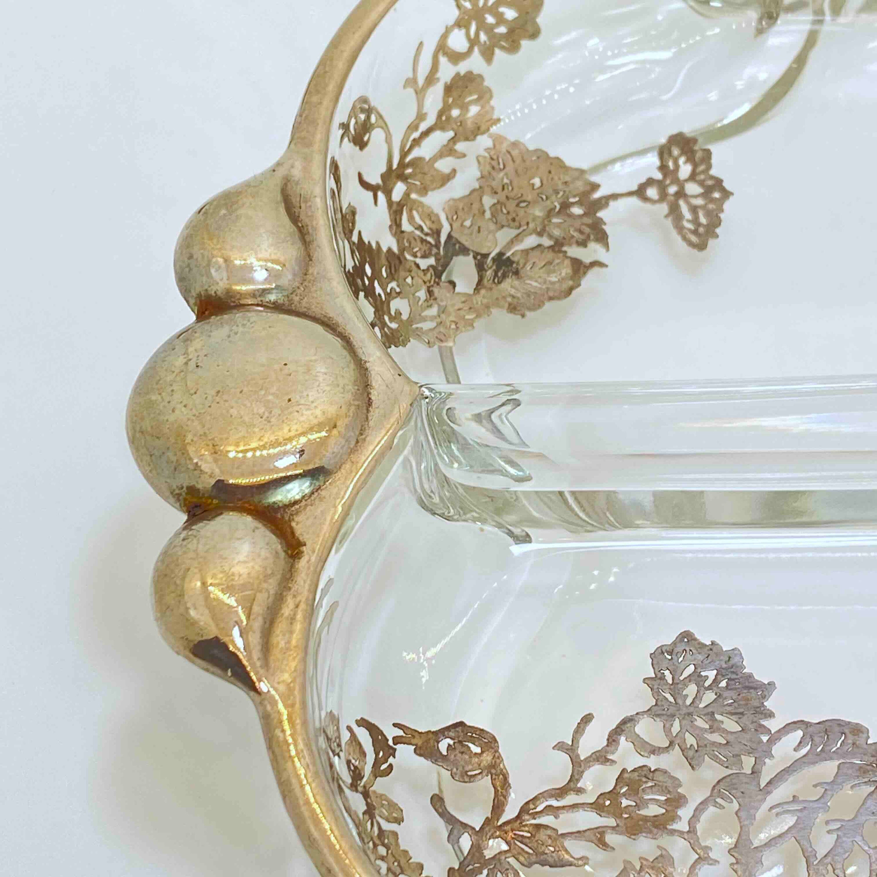 Vintage Silver Overlay Three Part Glass Dish With Florals and Handles ...