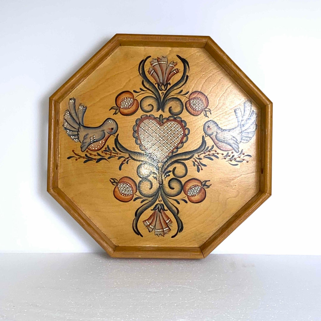 Pennsylvania Dutch Tole Painting on Octagonal Wooden Tray Signed Birds ...