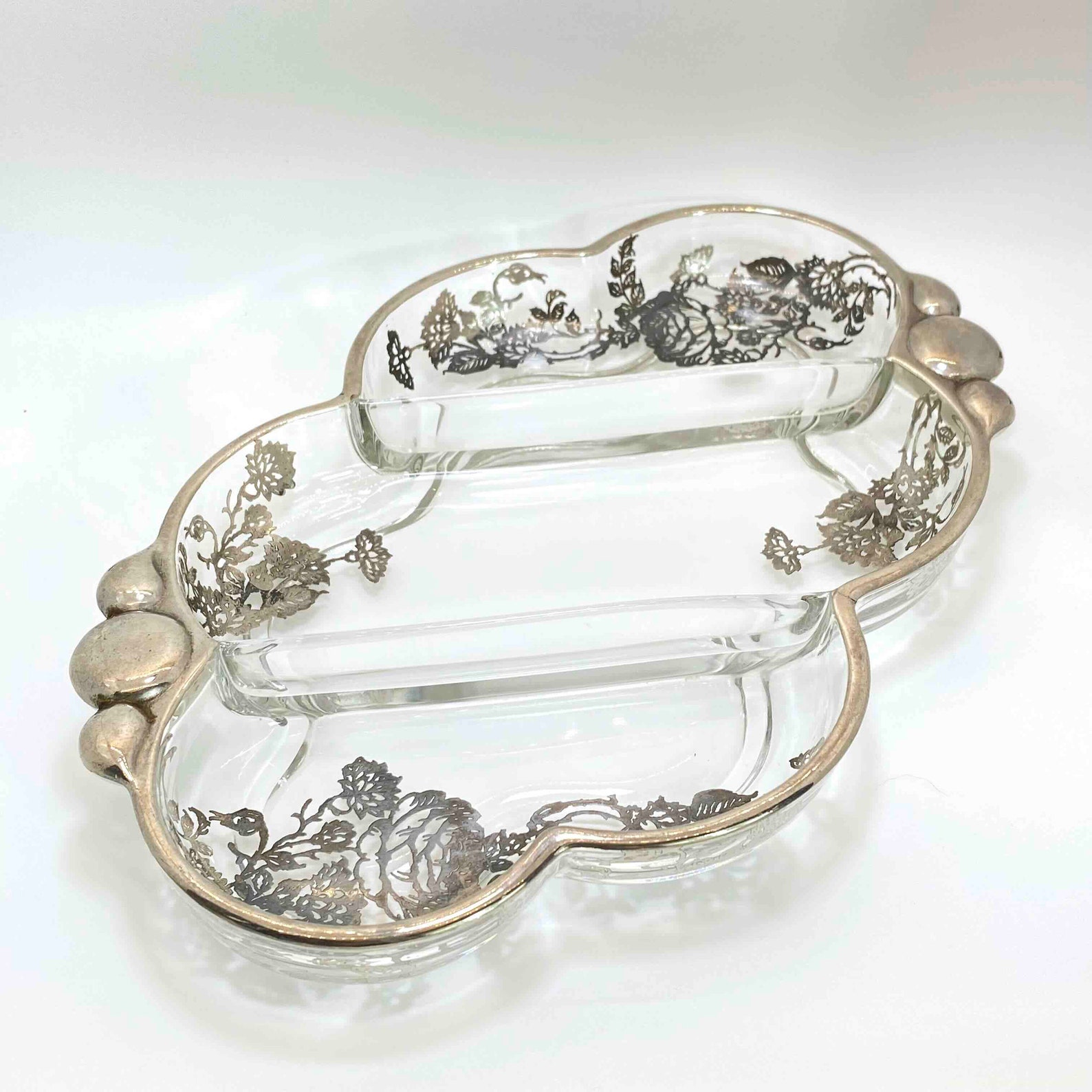 Vintage Silver Overlay Three Part Glass Dish With Florals and Handles ...