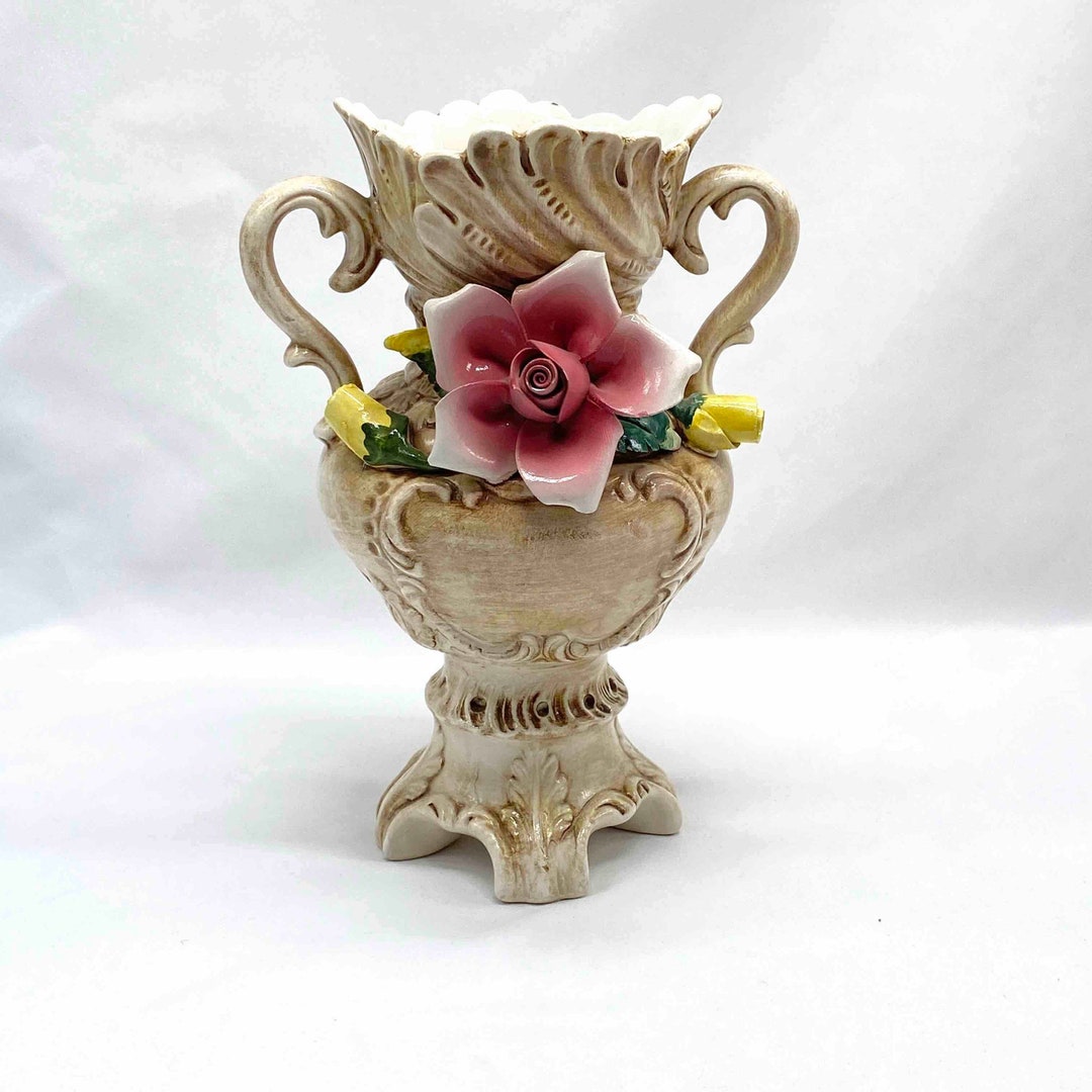 Capodimonte Vase With Pink Rose and Yellow Rosebuds Made in Italy - Etsy