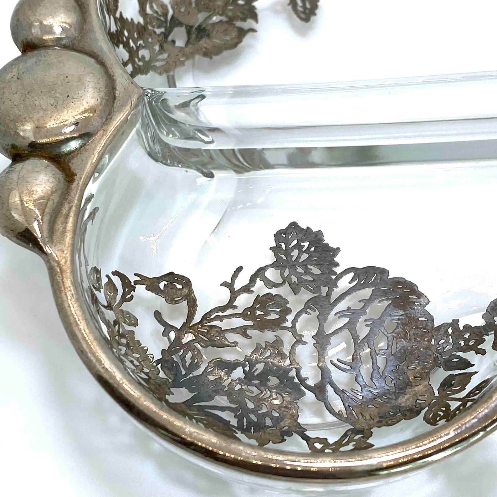 Vintage Silver Overlay Three Part Glass Dish With Florals and Handles ...