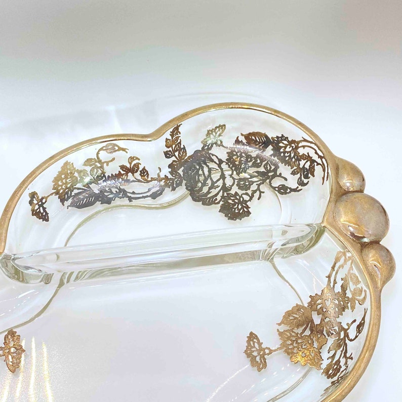 Vintage Silver Overlay Three Part Glass Dish With Florals and Handles ...