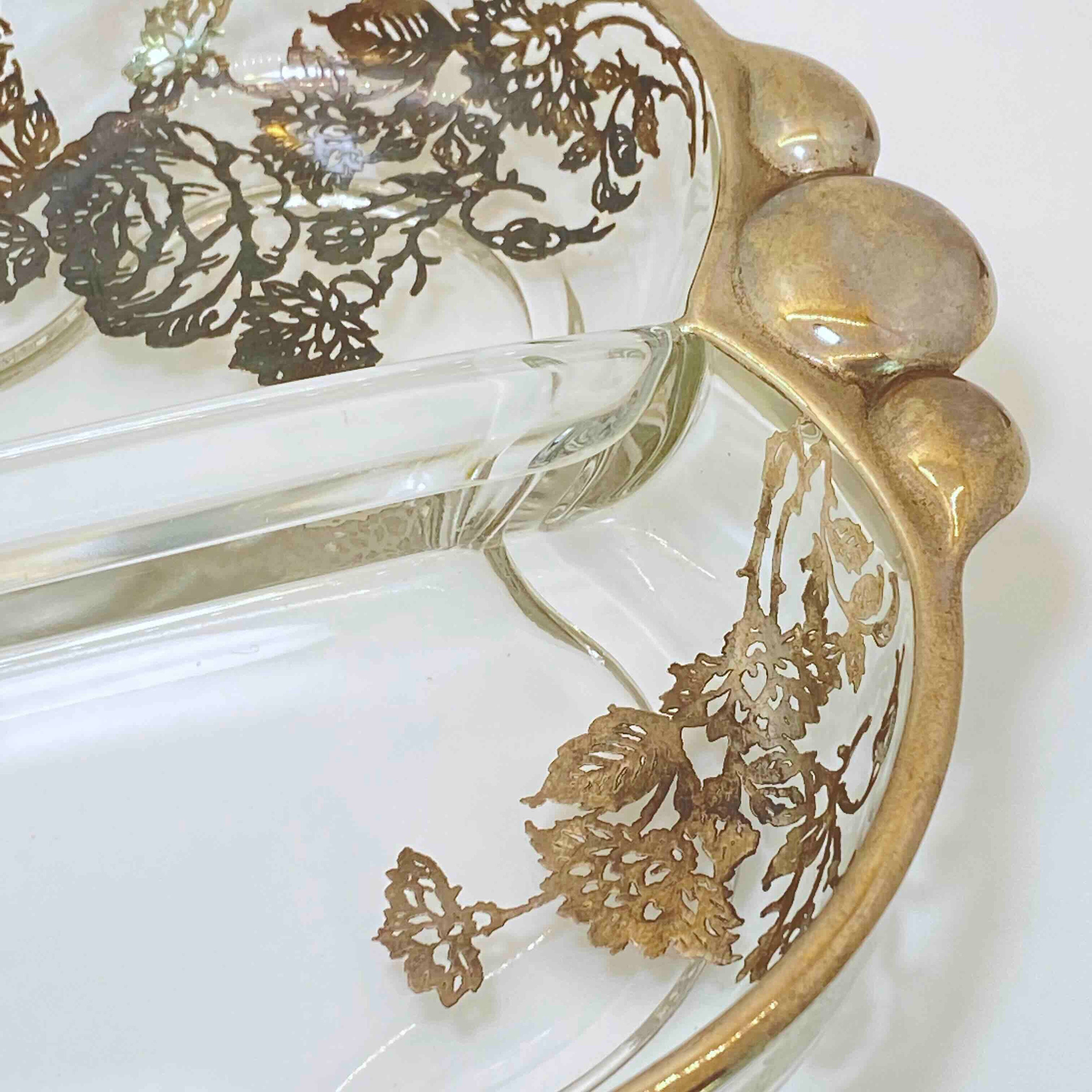 Vintage Silver Overlay Three Part Glass Dish With Florals and Handles ...