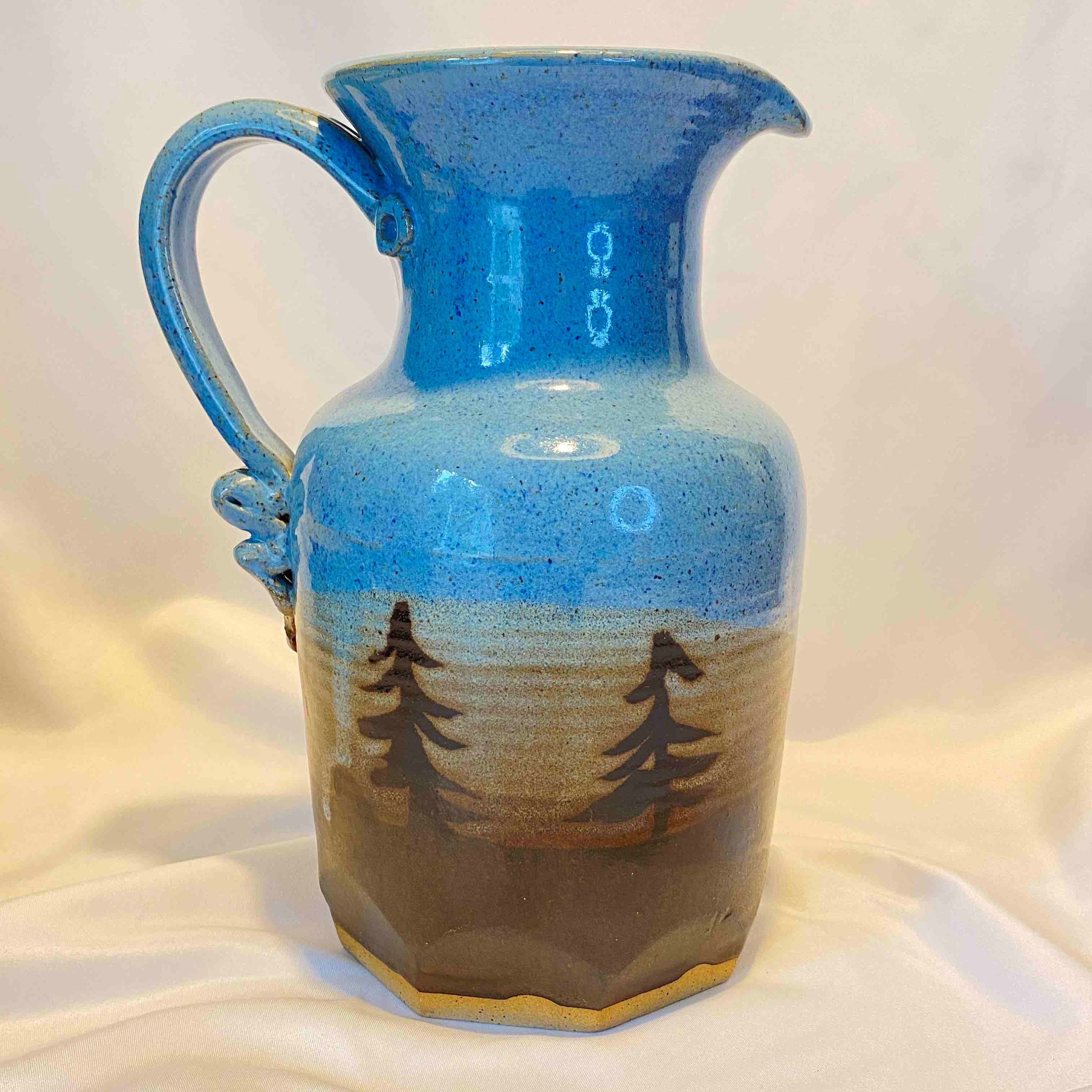 Vintage Stoneware Pitcher Trees and Blue Glaze Great Handle 9" Signed ...