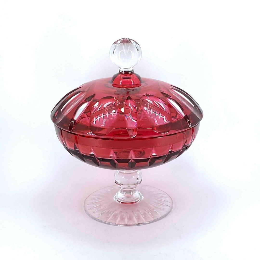 Ruby Red Glass Candy Dish With Clear Finial 7" Tall - Etsy