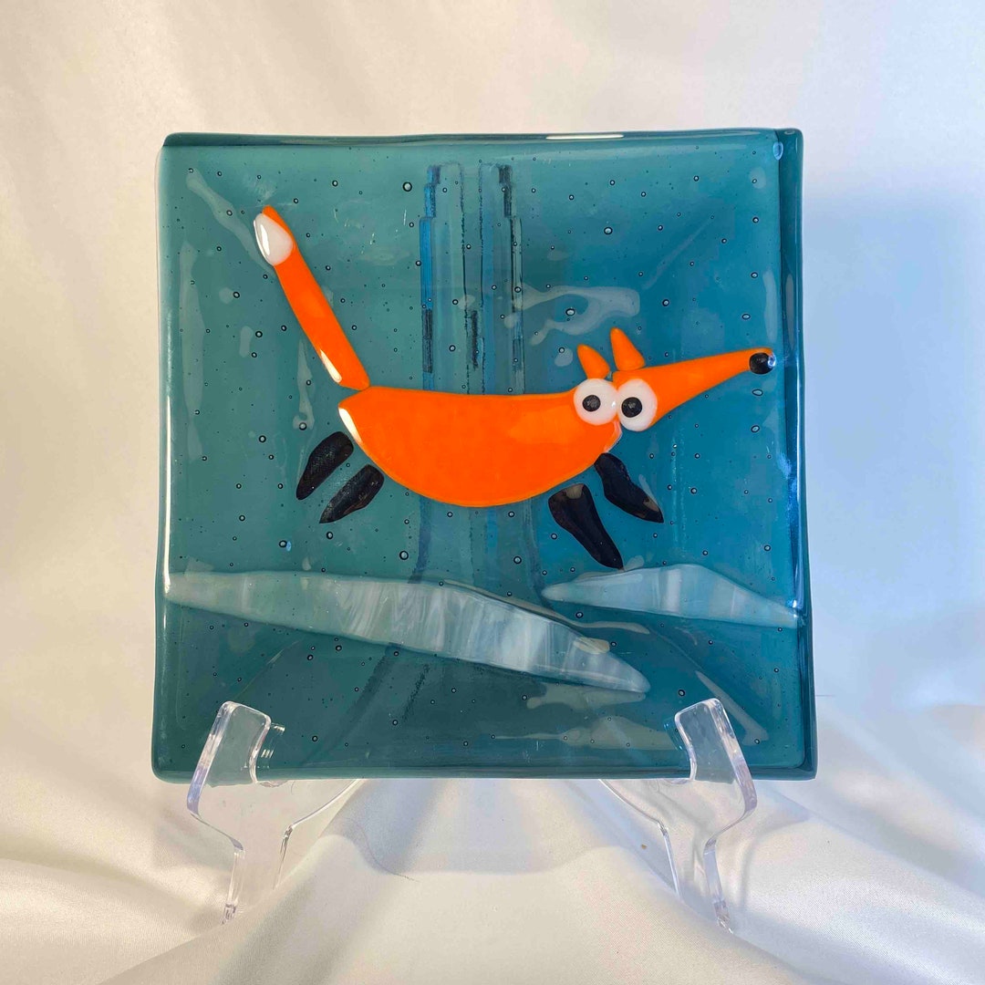 Art Glass Fused Glass Plate Fox Googly Eyes on Rocks 7.5" Square ...