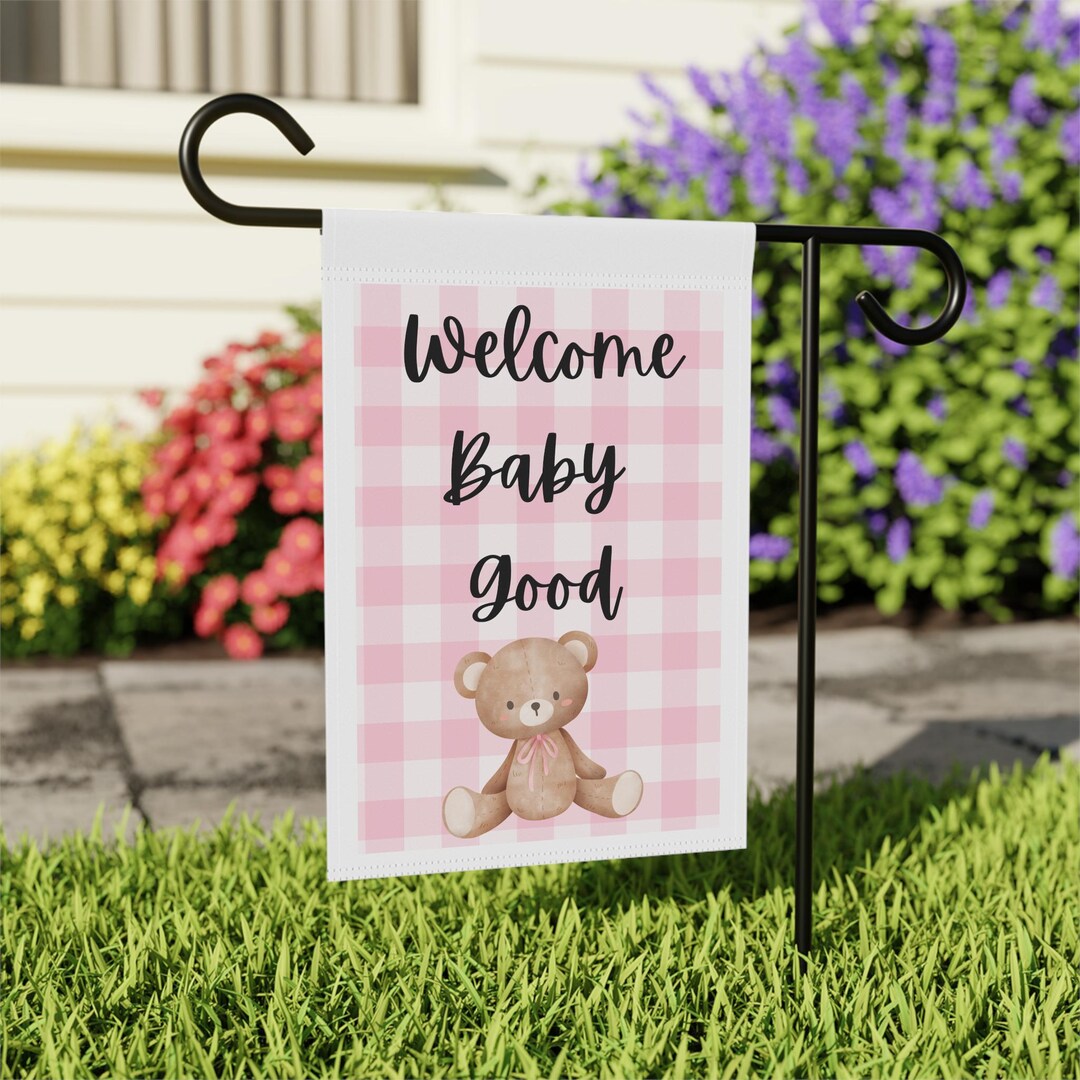 Welcome Baby Garden Banner, Pink Checkered Flag With Teddy Bear, Cute ...