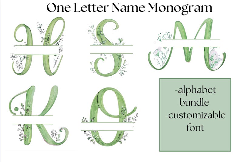 Editable Green Floral One Letter Monogram Alphabet Bundle, Customizable ...