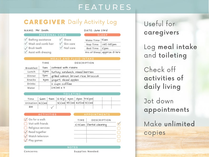 CAREGIVER DAILY ACTIVITY Log, Daily Task Checklist Template for ...