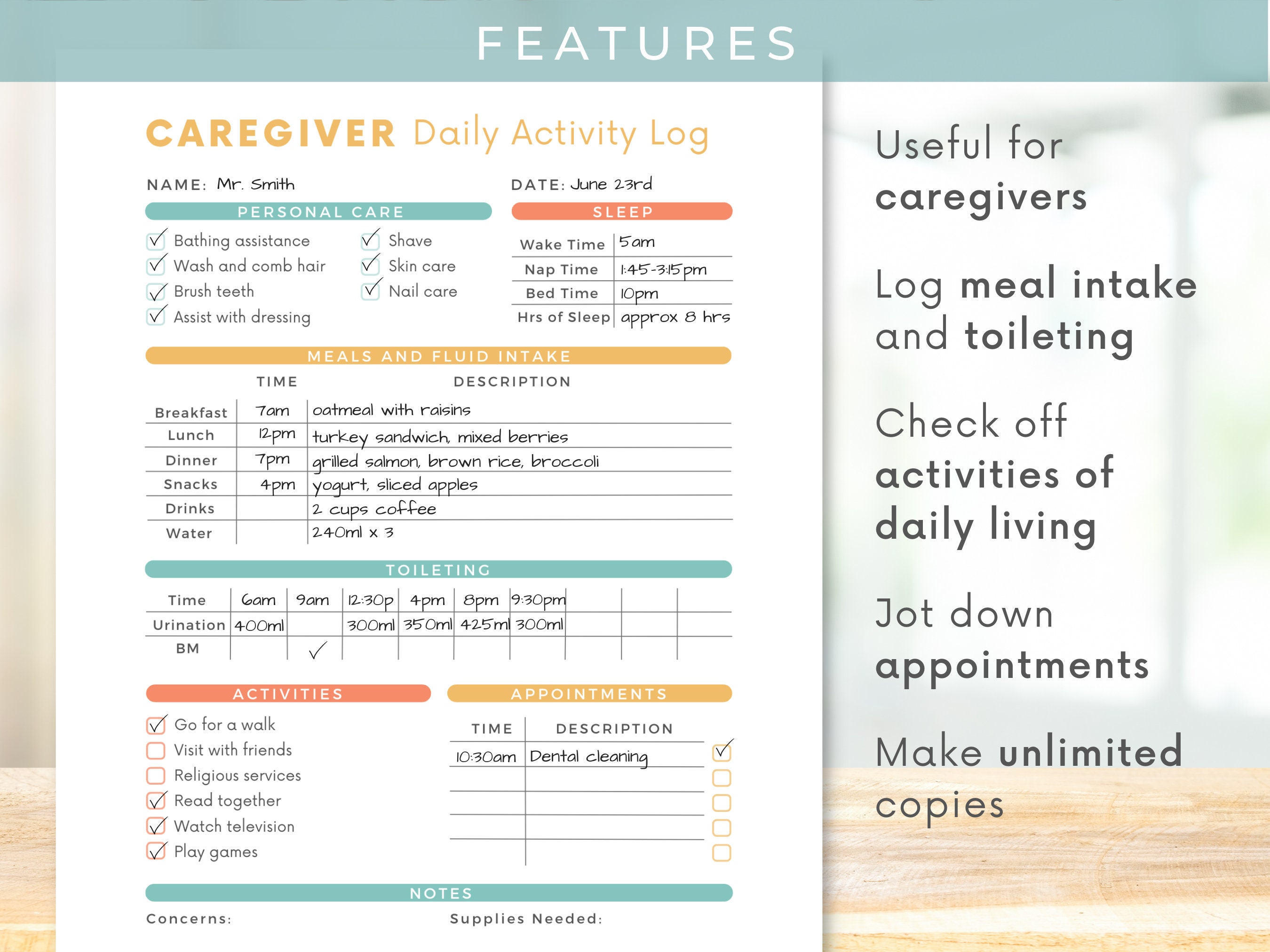 CAREGIVER DAILY ACTIVITY Log, Daily Task Checklist Template for ...