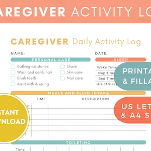CAREGIVER DAILY ACTIVITY Log, Daily Task Checklist Template for ...