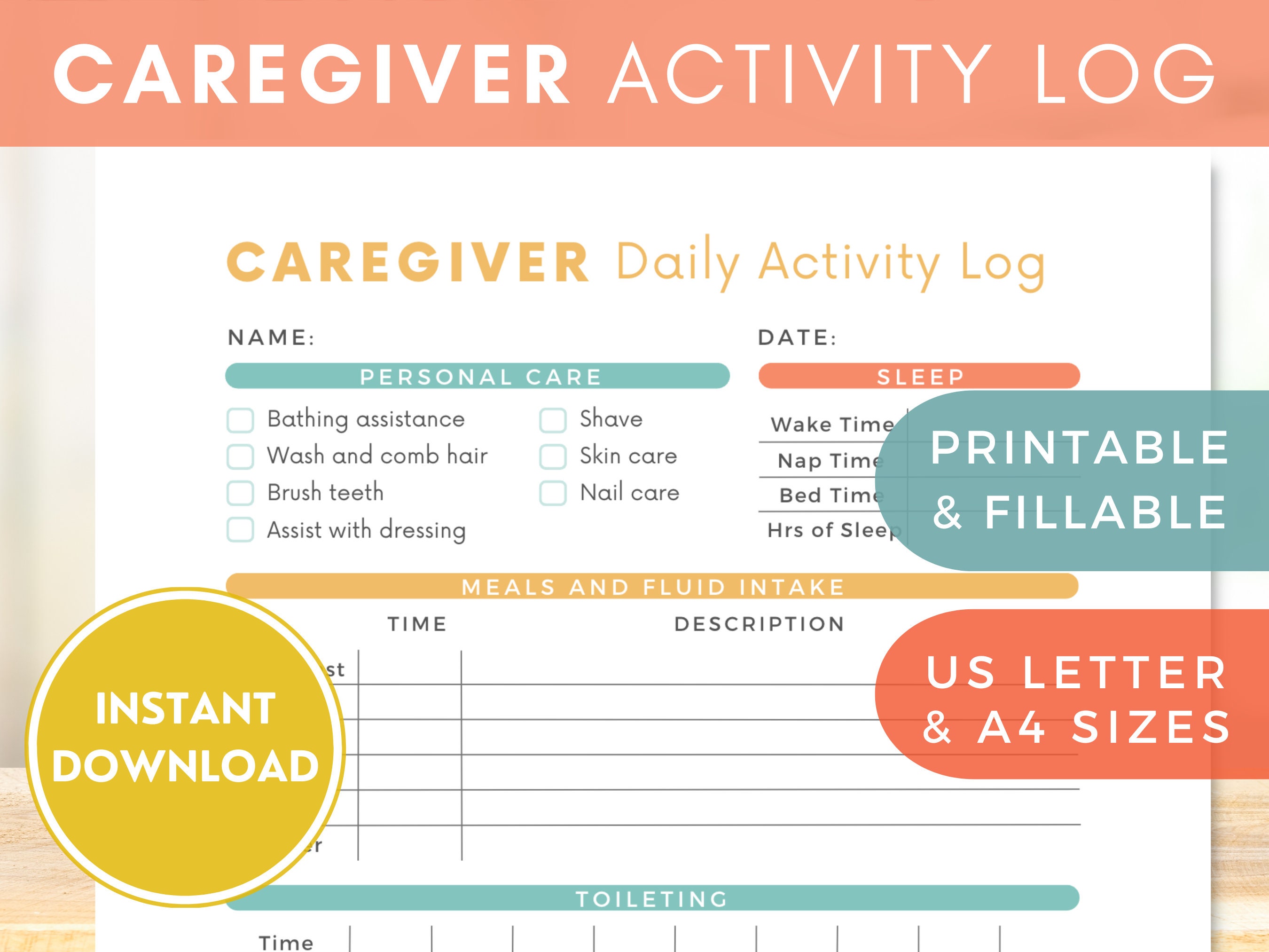 CAREGIVER DAILY ACTIVITY Log, Daily Task Checklist Template for ...