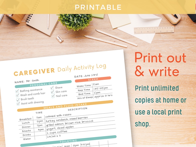 CAREGIVER DAILY ACTIVITY Log, Daily Task Checklist Template for ...
