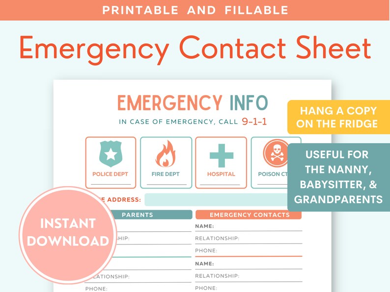 Fillable Printable EMERGENCY CONTACT Info Sheet Template for - Etsy