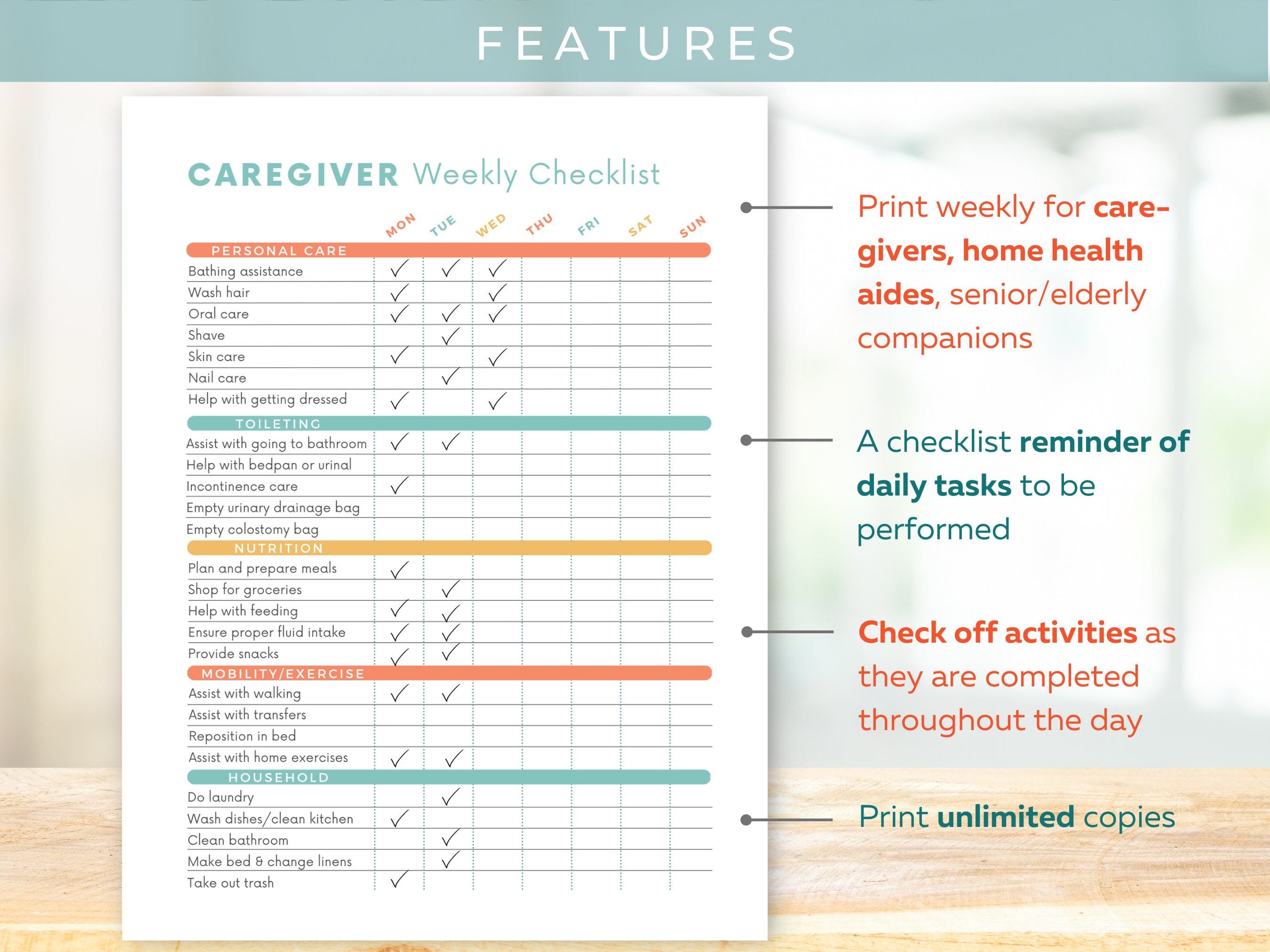 CAREGIVER WEEKLY ACTIVITY Log, Mon to Sun Task Checklist Template for ...