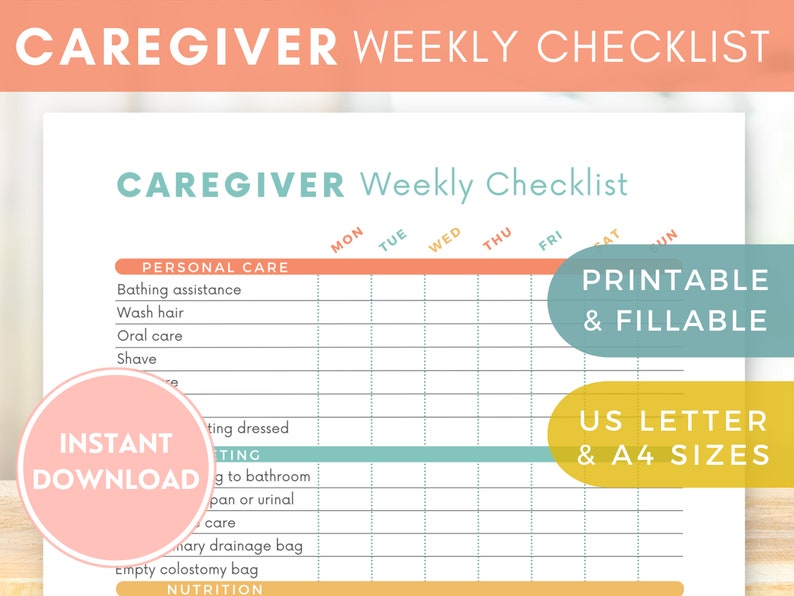 CAREGIVER WEEKLY ACTIVITY Log, Mon to Sun Task Checklist Template for ...
